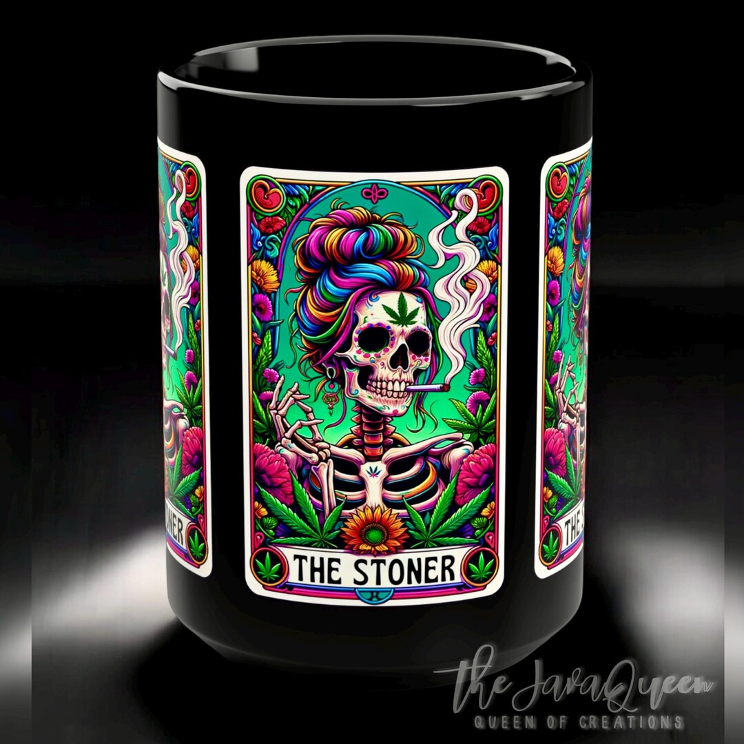 The Stoner" Skeleton Mug – Bold and Colorful Cannabis-themed Coffee Cup ...
