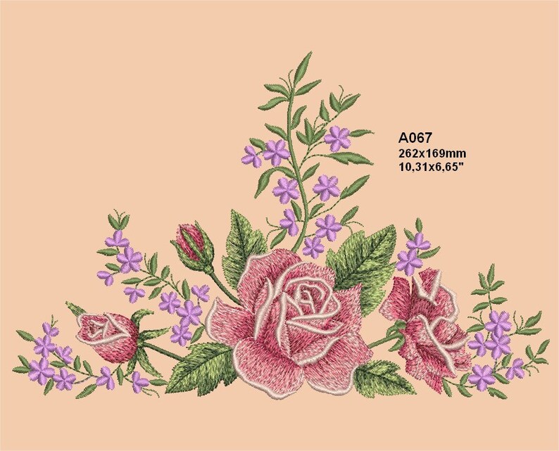 Flowers Of Pink Roses And Lilac Flower Machine Embroidery Etsy