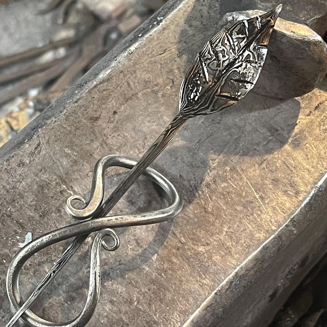 Damascus Steel Hairpin Forged Leaf Hairpin Wearable Art Blacksmith Made ...