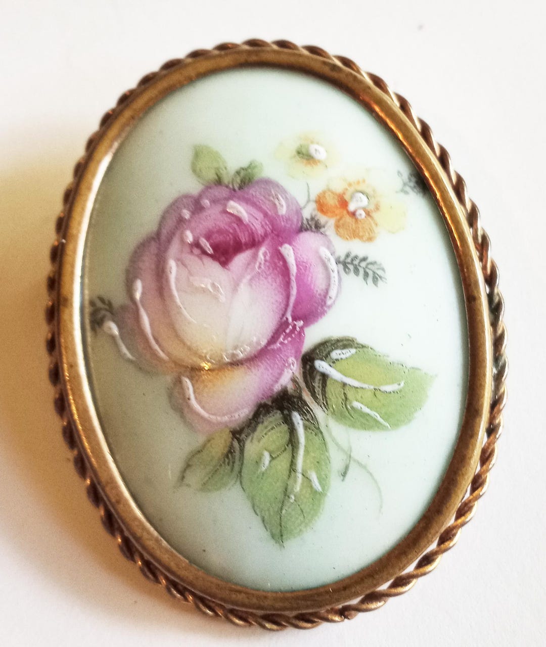 Vintage Limoges Hand Painted Porcelain Brooch With Pink Rose, Brass ...