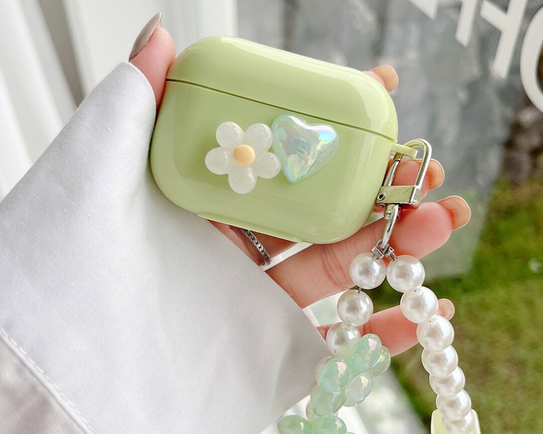 Heart Flower Green Airpods Case, Cute Airpods Case, Pearl Tassel ...