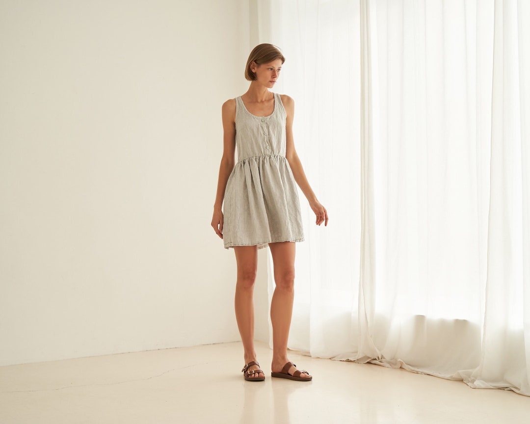 Linen Mini Dress CELIA: Sleeveless Scoop Neck Button Front - Etsy
