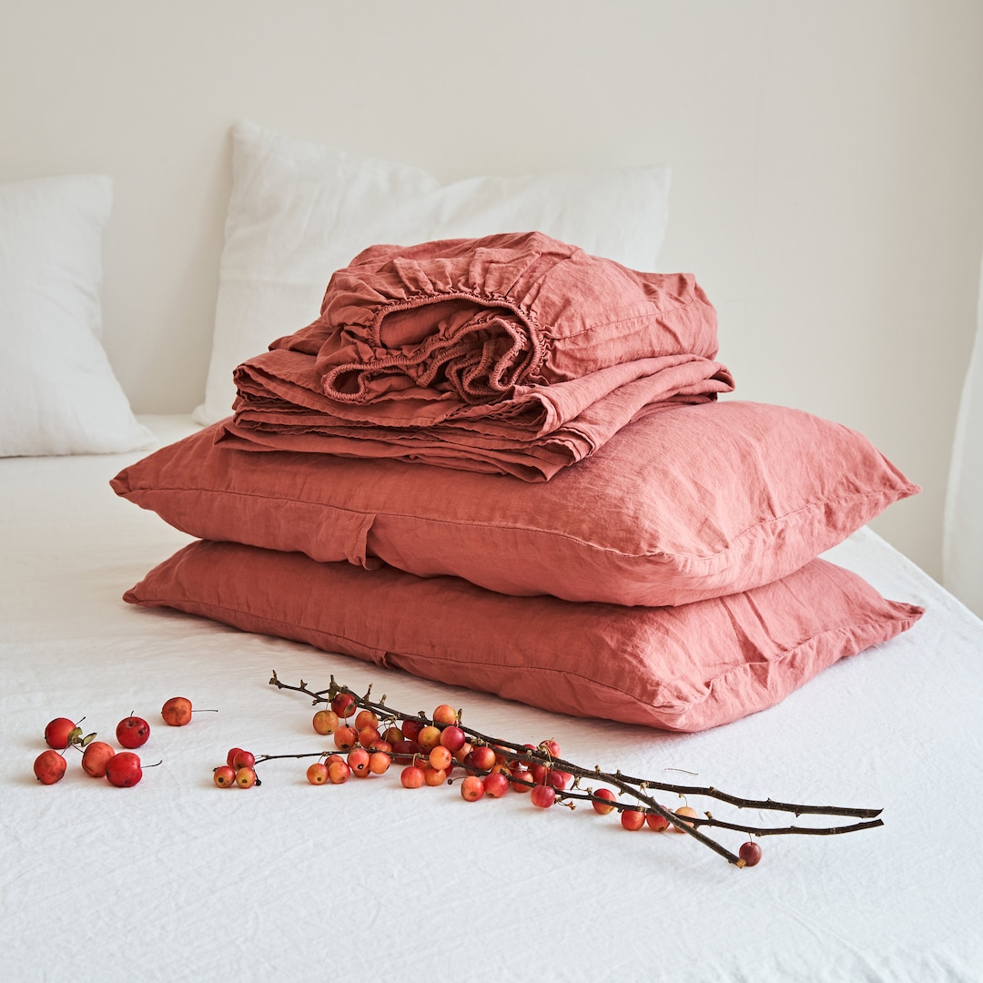 4 Piece Linen Sheet and Pillow Covers Set, Linen Fitted Sheet, Linen ...