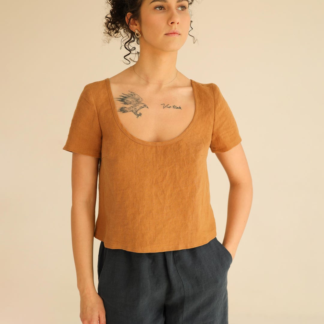 Linen Top ENYA, Linen Blouse, Scoop Neck Top, Relaxed Linen Top, Short ...