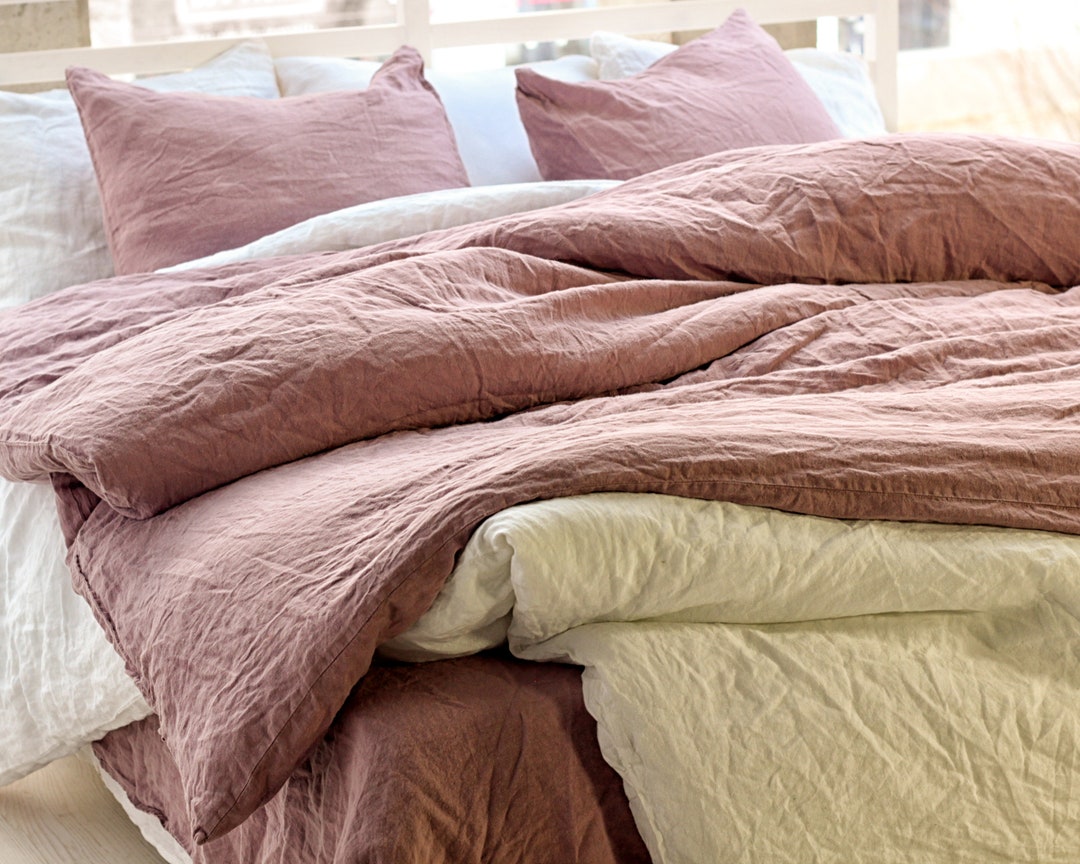 3 Piece Mauve Linen Bedding Set: Wrinkled Texture - Etsy
