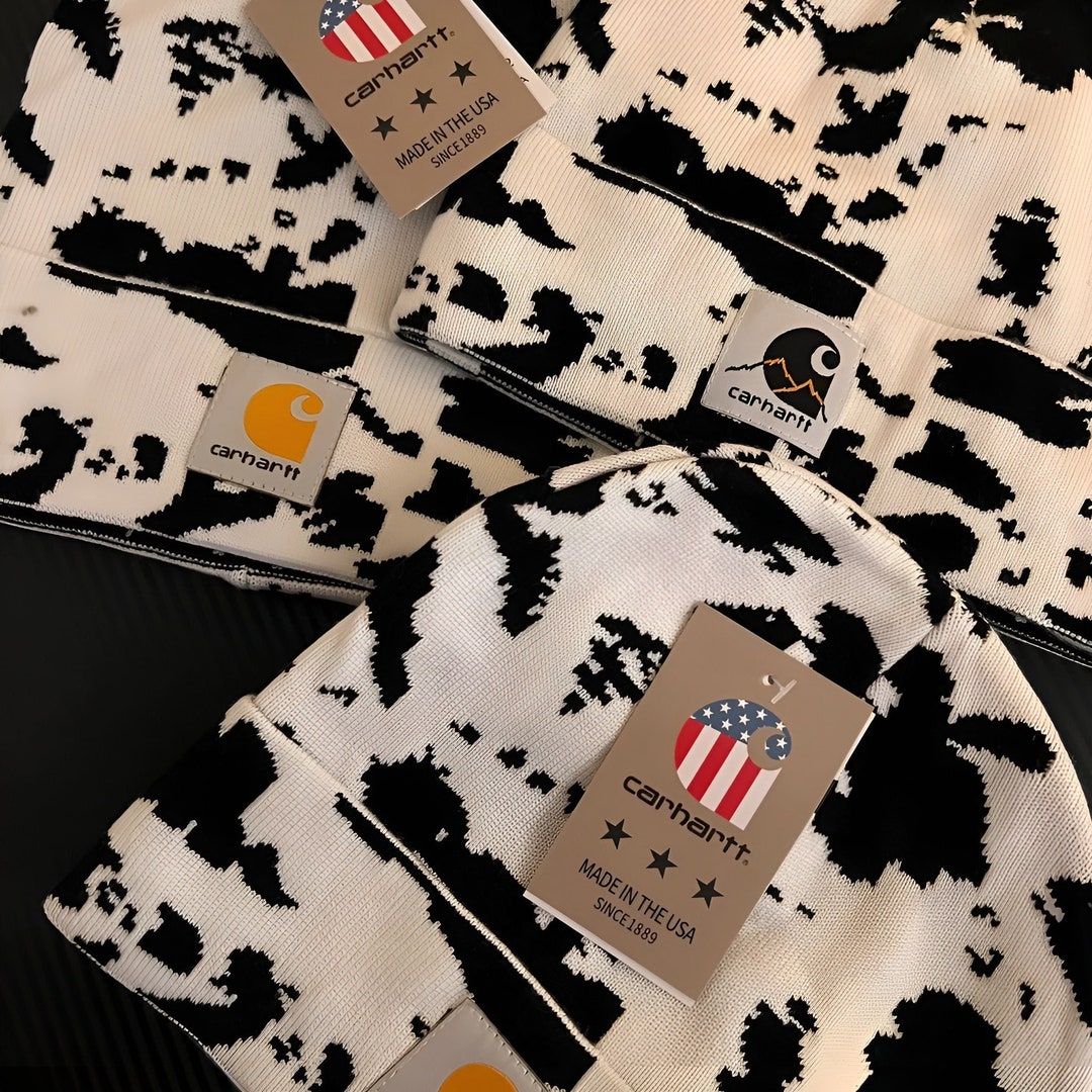 Adult Cowprint Carhartt Beanie Cow Knit Inspired, Cow Print Winter Hat ...