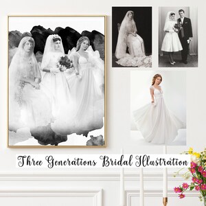 Three Generations Bridal Illustration Bride and Mom Generational Wedding Portrait Custom ...