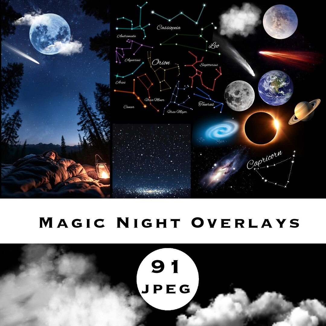Magic Night Sky Overlays: Moon, Starry Sky, Sun , Zodiac, Constellation ...