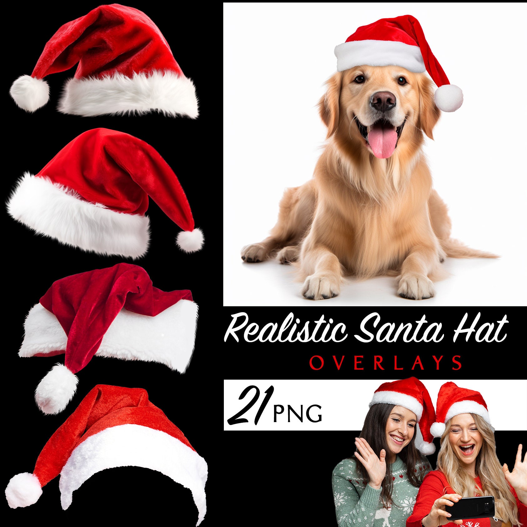 Santa Hat PNG Overlays: Realistic Christmas Photo Clipart (digital ...