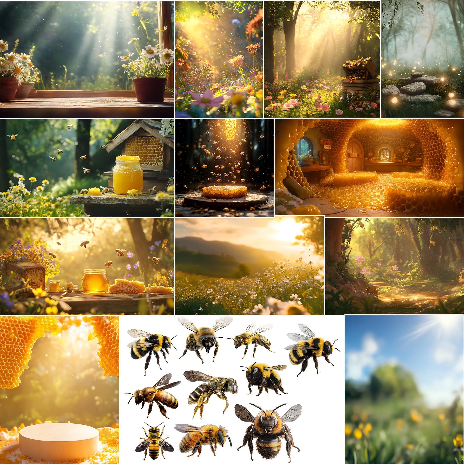 Honey Bee Digital Backdrop: Nature Photo Overlays, Bee Scrapbook Paper ...