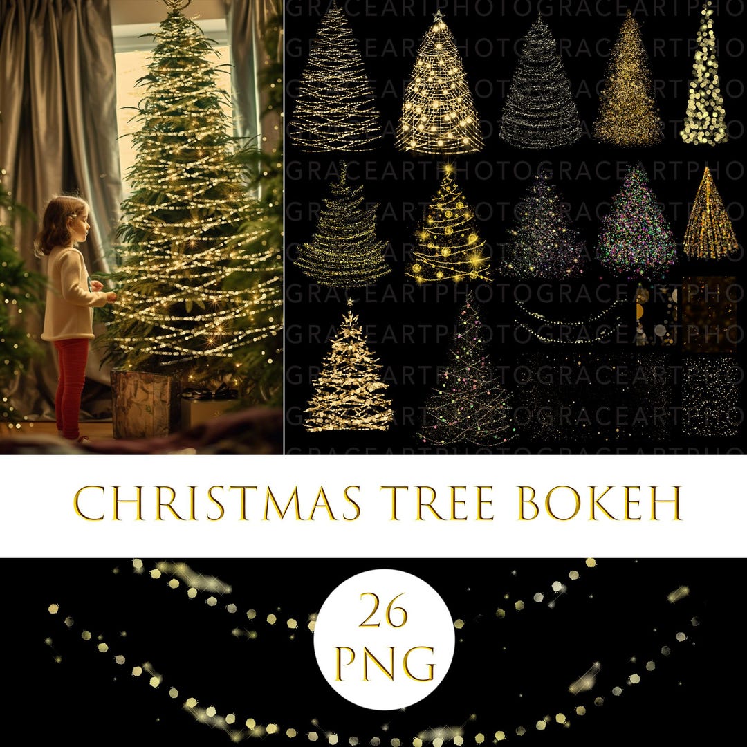 Christmas Bokeh Photo Overlays: Gold Lights, Tree Effects (PNG, JPEG ...