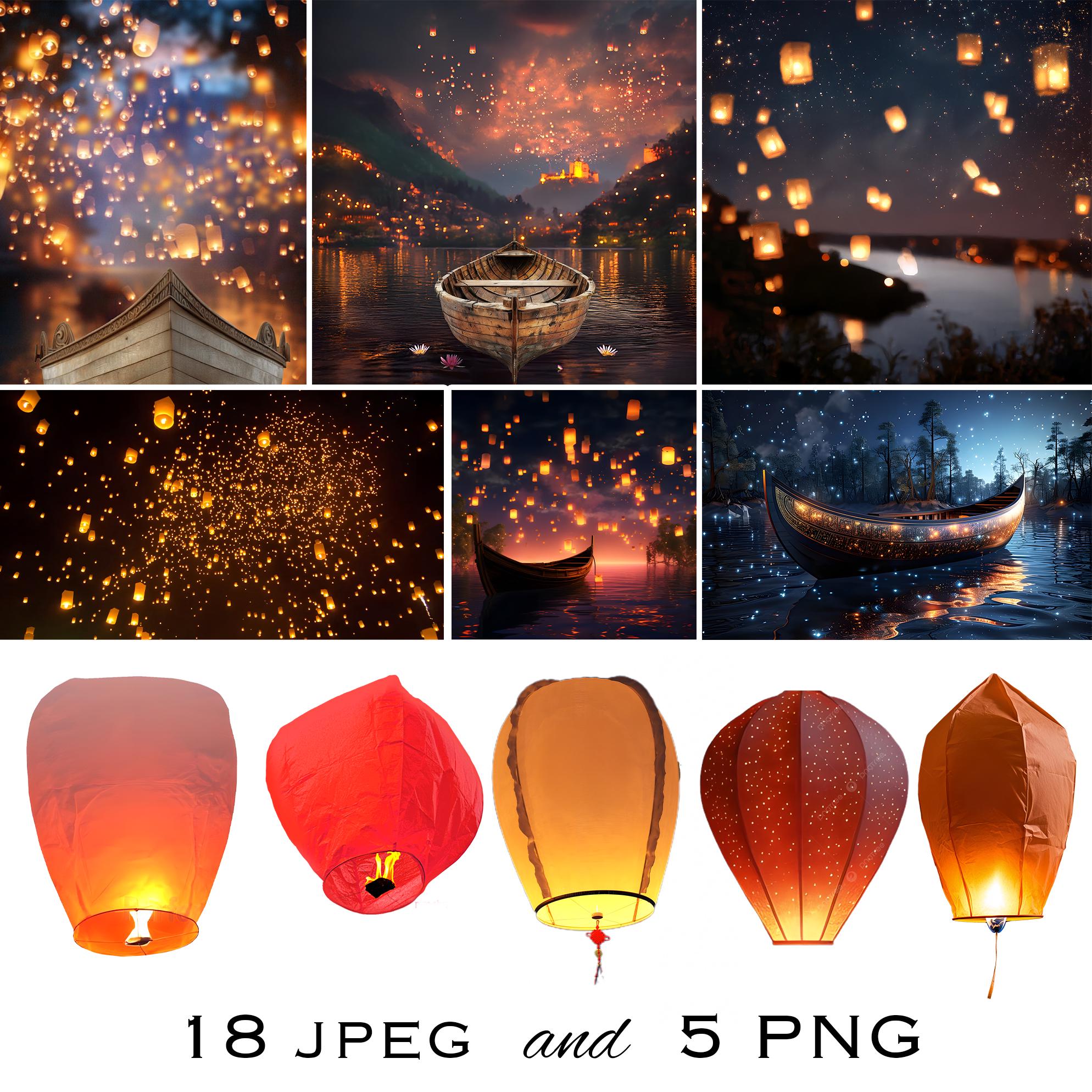 Sky Lanterns Digital Backdrop, Valentines Overlays, Lantern PNG ...