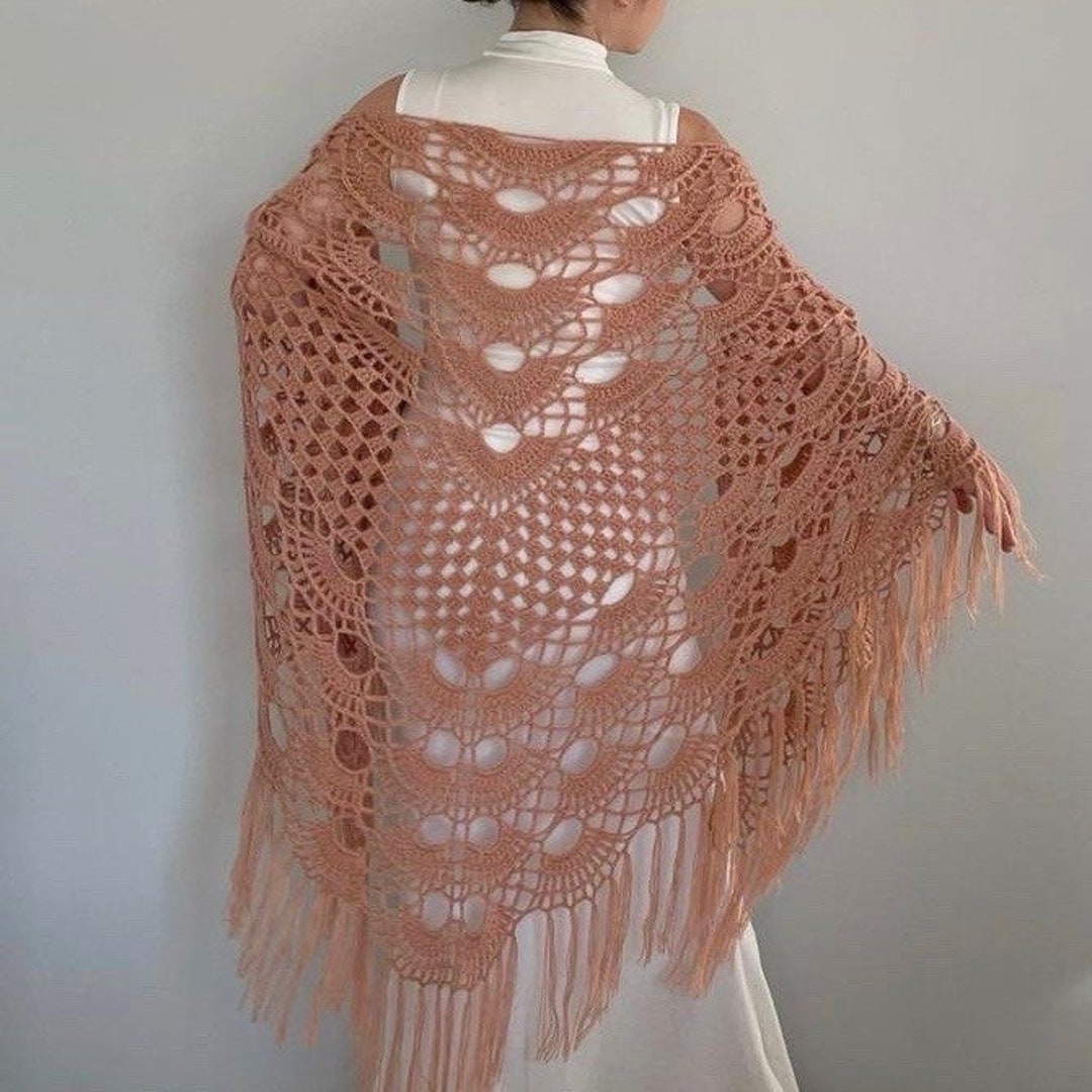 Bridal Peach Crochet Wrap, Wedding Wool Shawl, Fringed Triangular Scarf ...
