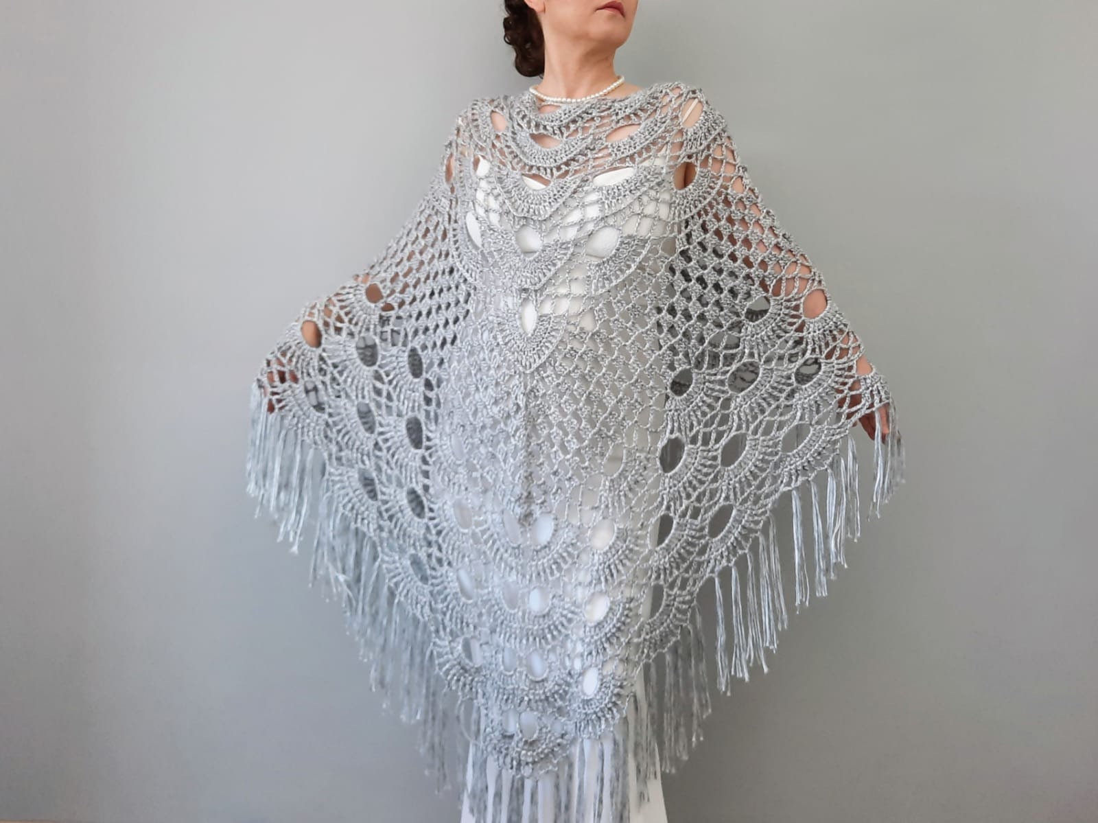 Silver wedding shawl crochet scarf triangular wrap evening | Etsy