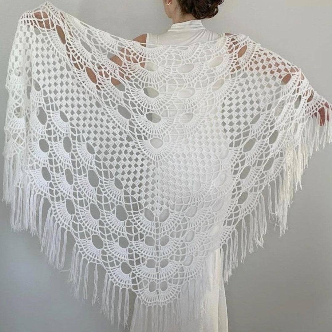 White Crochet Shawl, Wool Fringed Wrap, Mohair Bridal Cover Up, Evening ...