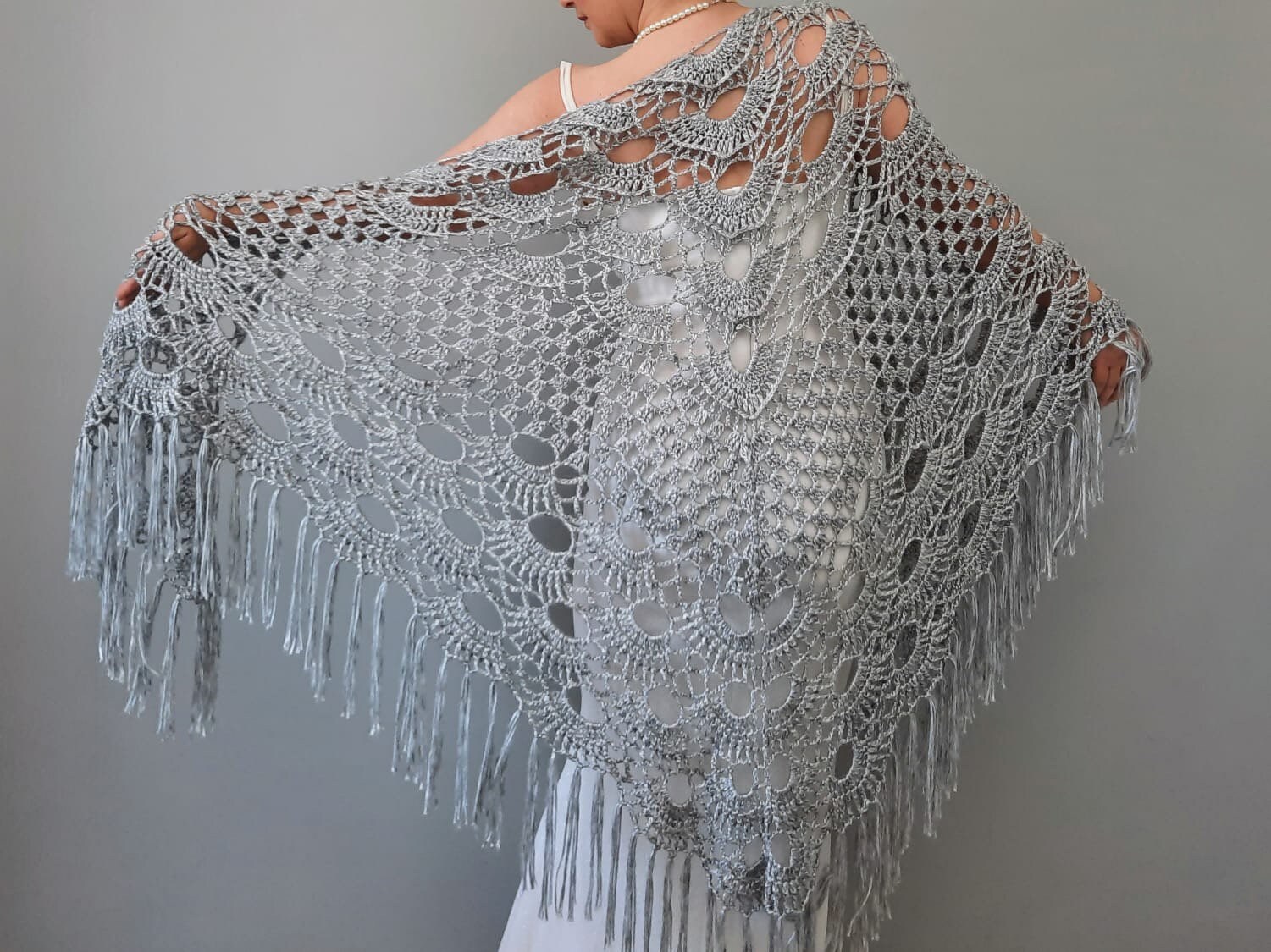 Silver wedding shawl crochet scarf triangular wrap evening | Etsy