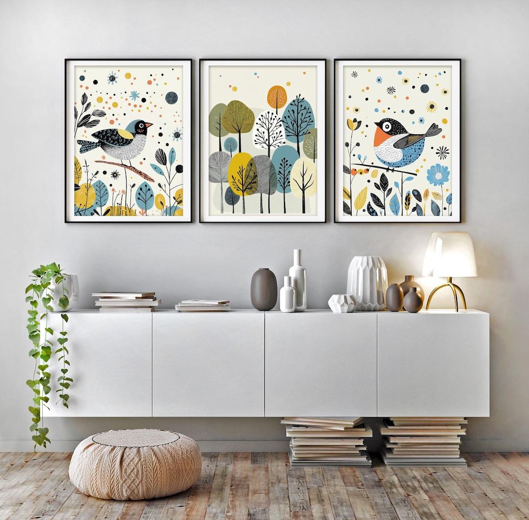 Norwegian Folk Art Bird Print Set of 3, Scandinavian Floral Motif ...