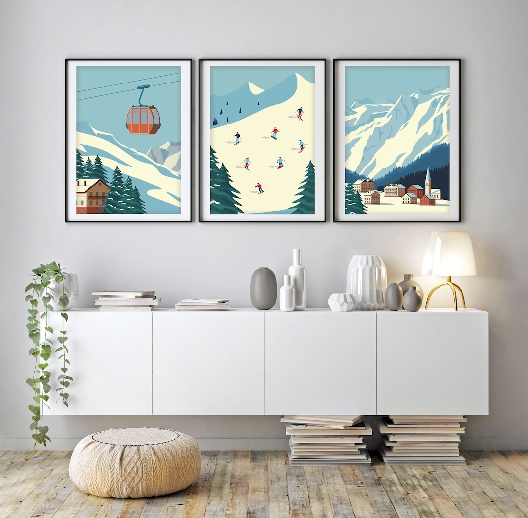 Skiing Panorama Vintage Print, Skiers and Snowboarding Gift, Slope and ...