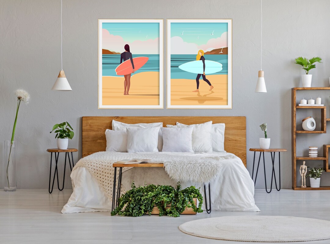 Surfer Girls on the Beach Print Set, Surfboard Wall Art, Hawaii Surfing ...