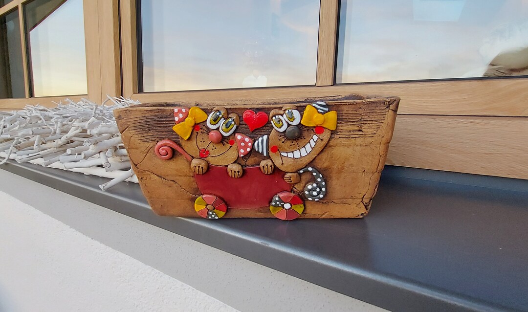 Ceramic Flower Pot With Cats, Cat Planter, Cat Clay Pot, Gift for ...