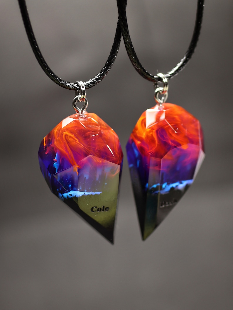 Wood Resin Glow Pendant Set – Matching Couple Necklaces, Minimalist ...