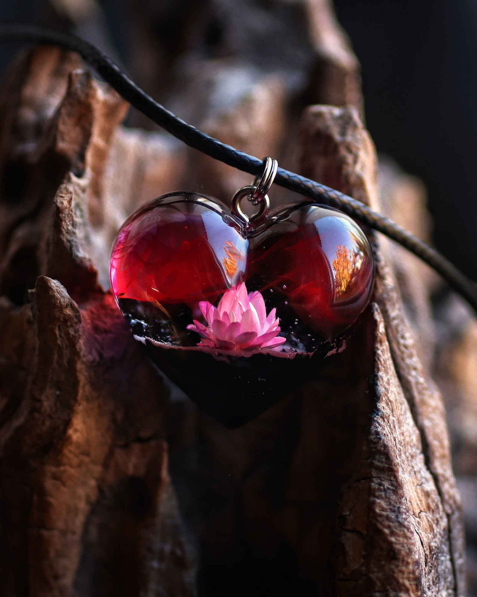 Pink Flower Resin Necklace – Wood Resin Real Flower Pendant, Handmade ...