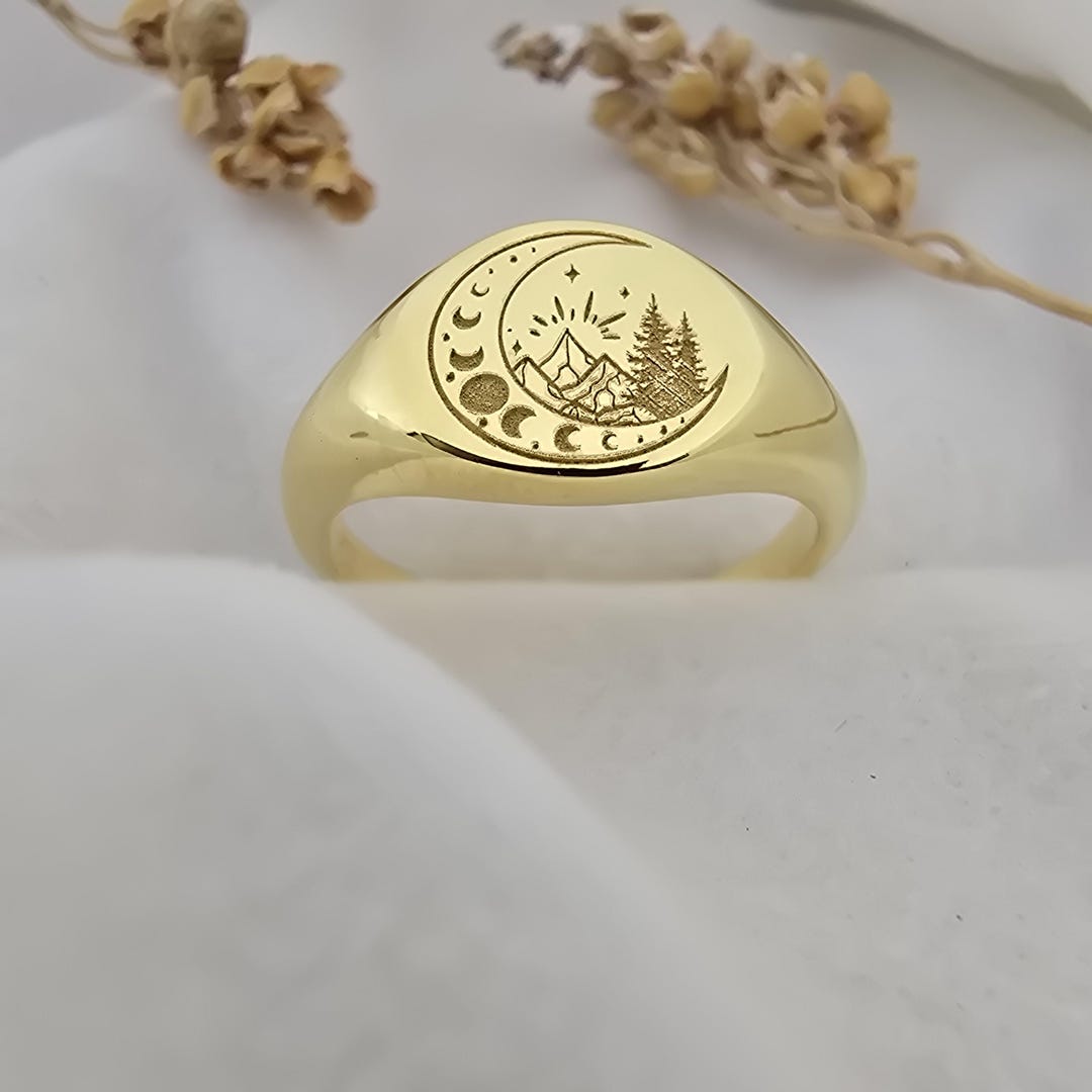 Mountain Signet Ring, Forest Moon Phase Ring, Tree Ring, Sun Ring ...