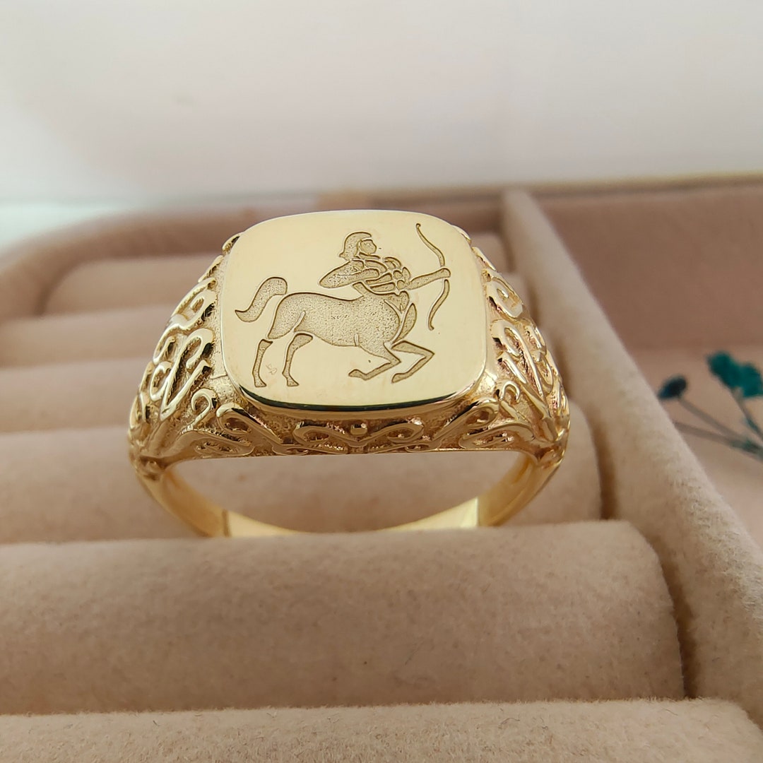 Mens Ring 14k Gold Zodiac Sign Rings Zodiac Signet Ring - Etsy