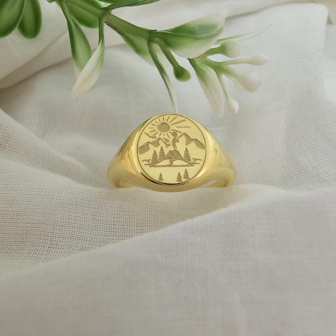 Sun Mountain Forest Ring, Mountain Tree Signet Ring, Sunset Hills and ...