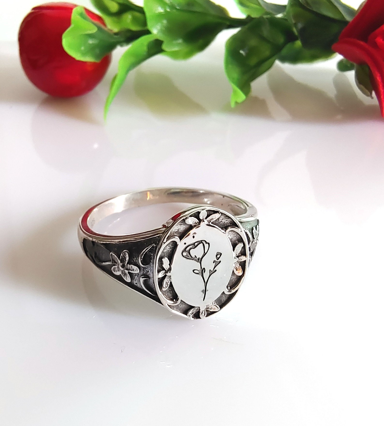 Flower Signet Ring Botanical Flowers Sterling Silver Flower - Etsy