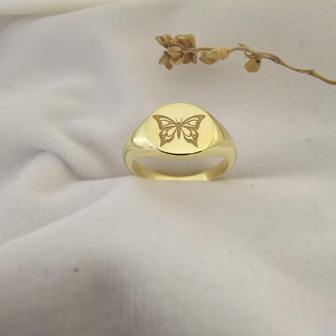 Butterfly Ring Gold 14K , Butterfly Signet Ring, Butterfly Engraved ...
