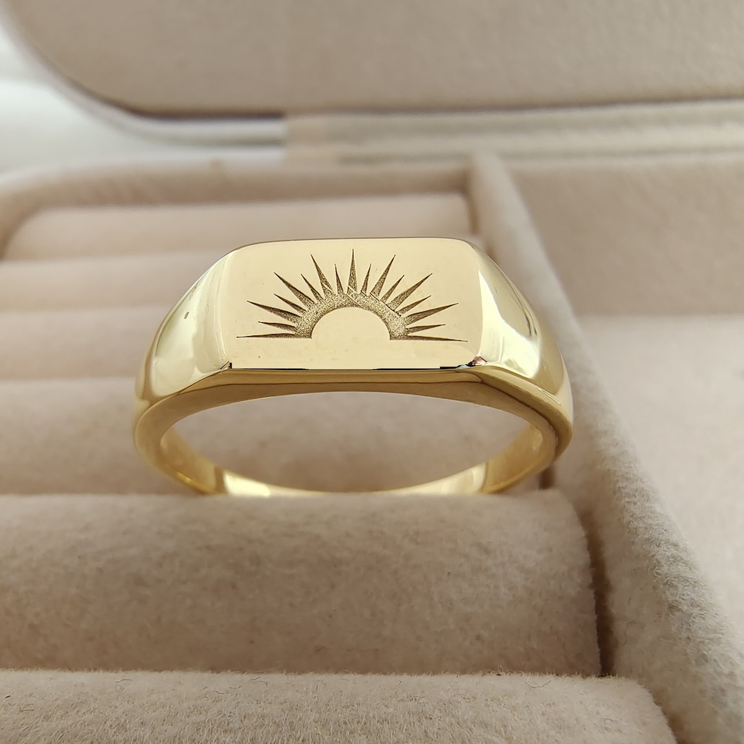 Half Sun Rays Ring Sun Signet Ring, Men Women Sun Ring, Square Signet ...