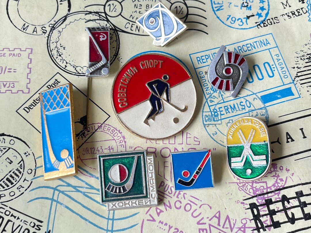 Bandy, Vintage Soviet Pins, Set of 8 Colorful Badges, Sport Badges ...