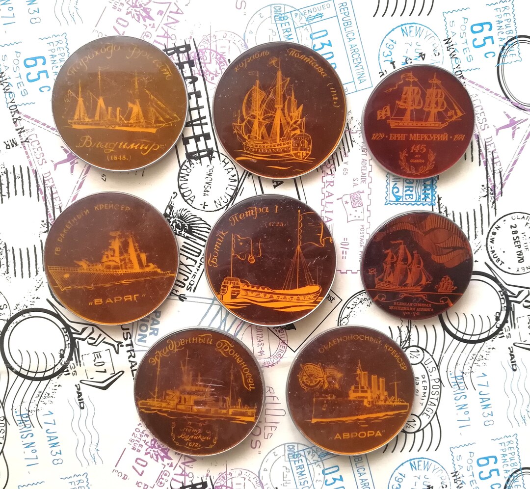 Russian Ships History, Vintage Pin Badges, Set of 8 Pins, Ships, Russia ...