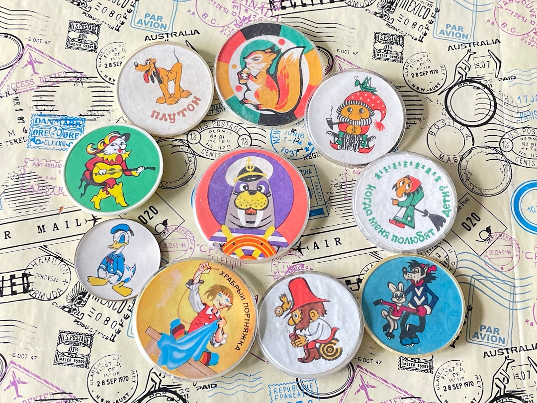 Cartoon Characters Pins, Vintage Soviet Child Pins, Set of 10 Big ...