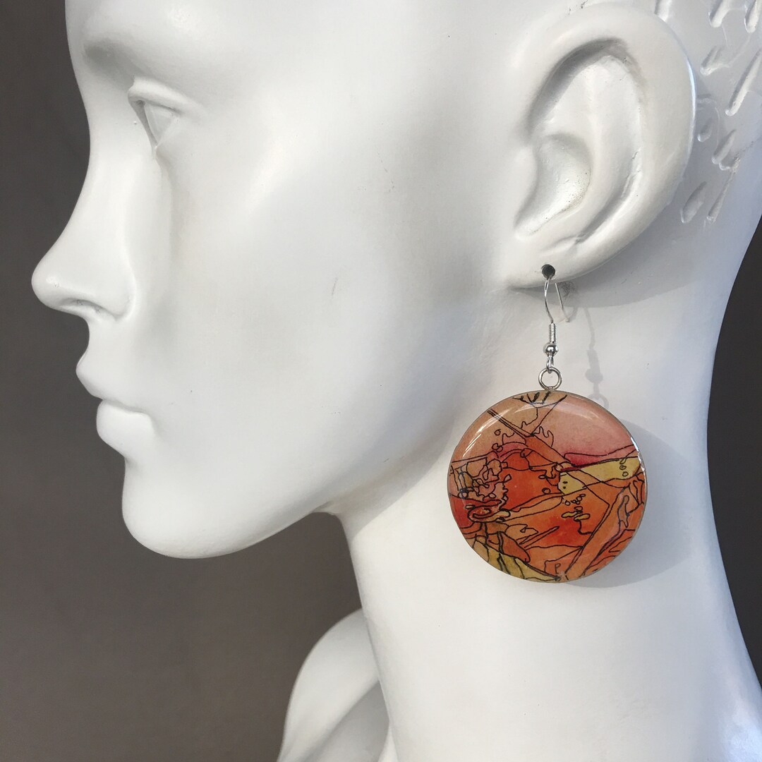 Hand Painted, Colorful, One-of-a-kind Resin Earrings, Designs on Front ...