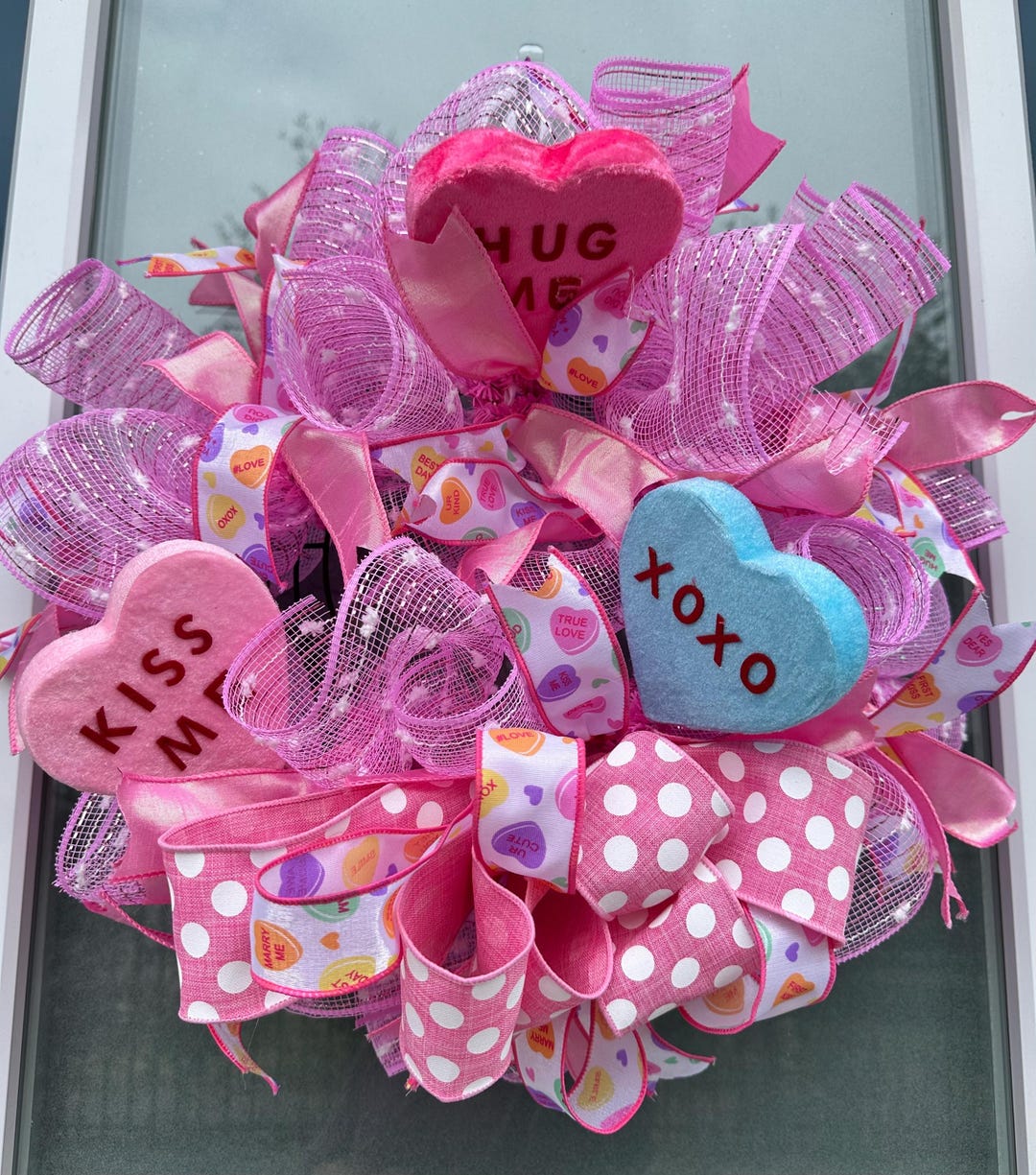 Valentines Day Pink Deco Mesh Wreath, Conversation Hearts Front Door ...