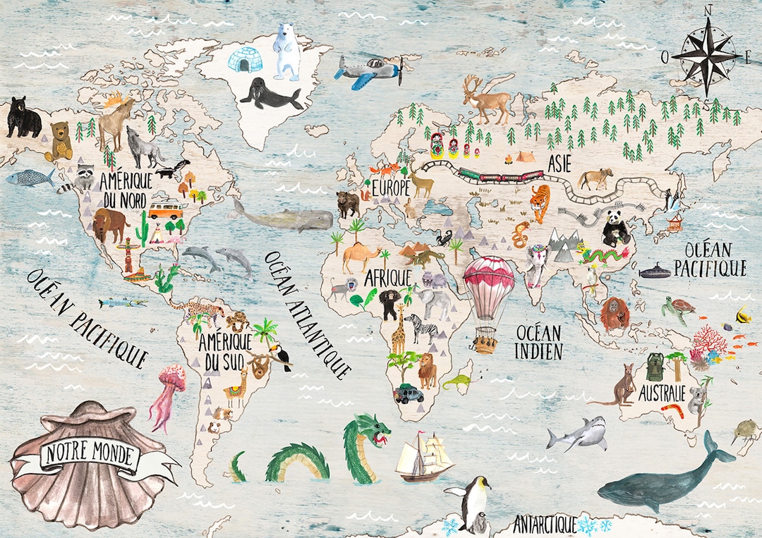 FRENCH Poster World Map Nursery Boys Girls Animals Decoration ...