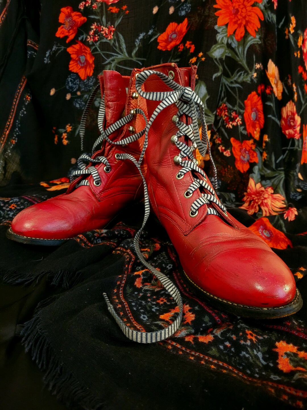 RARE Vintage 90s Grunge RED Leather Lace up Combat Rodeo Boots Cowtown ...