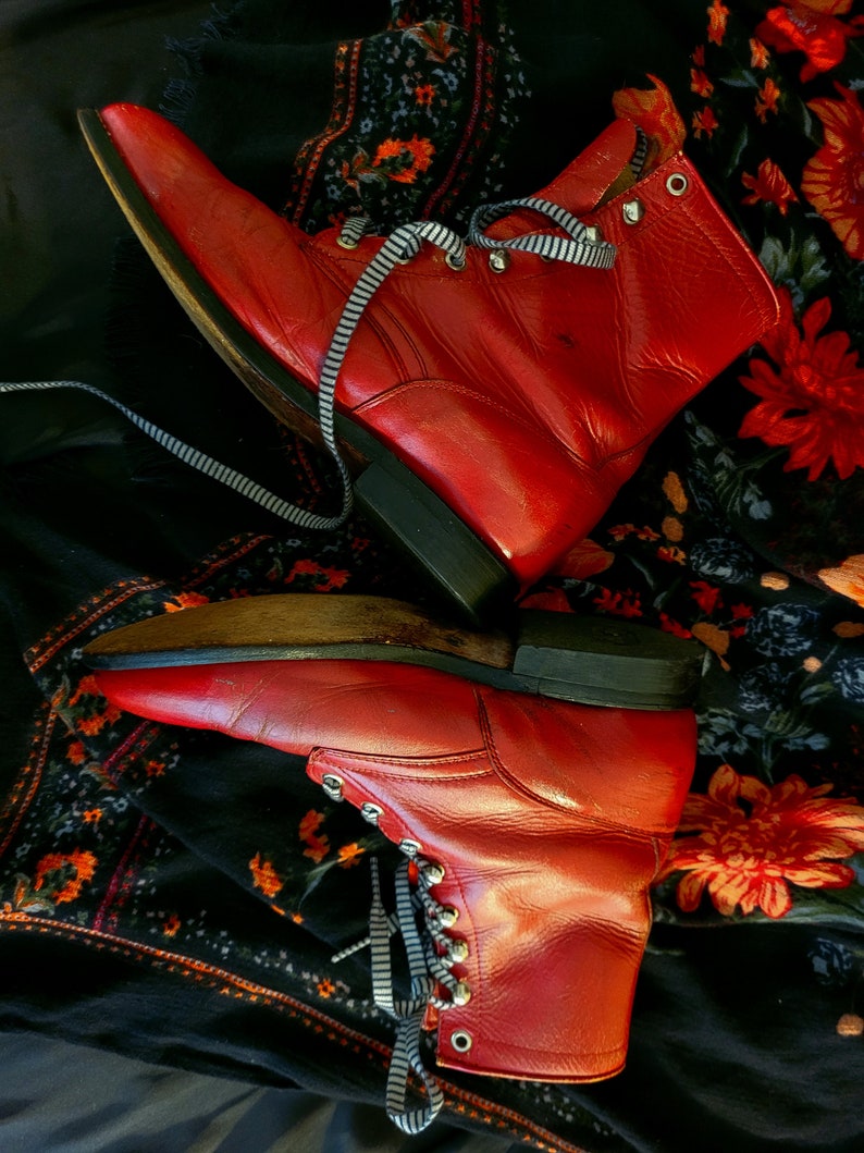 RARE Vintage 90s Grunge RED Leather Lace up Combat Rodeo Boots Cowtown ...