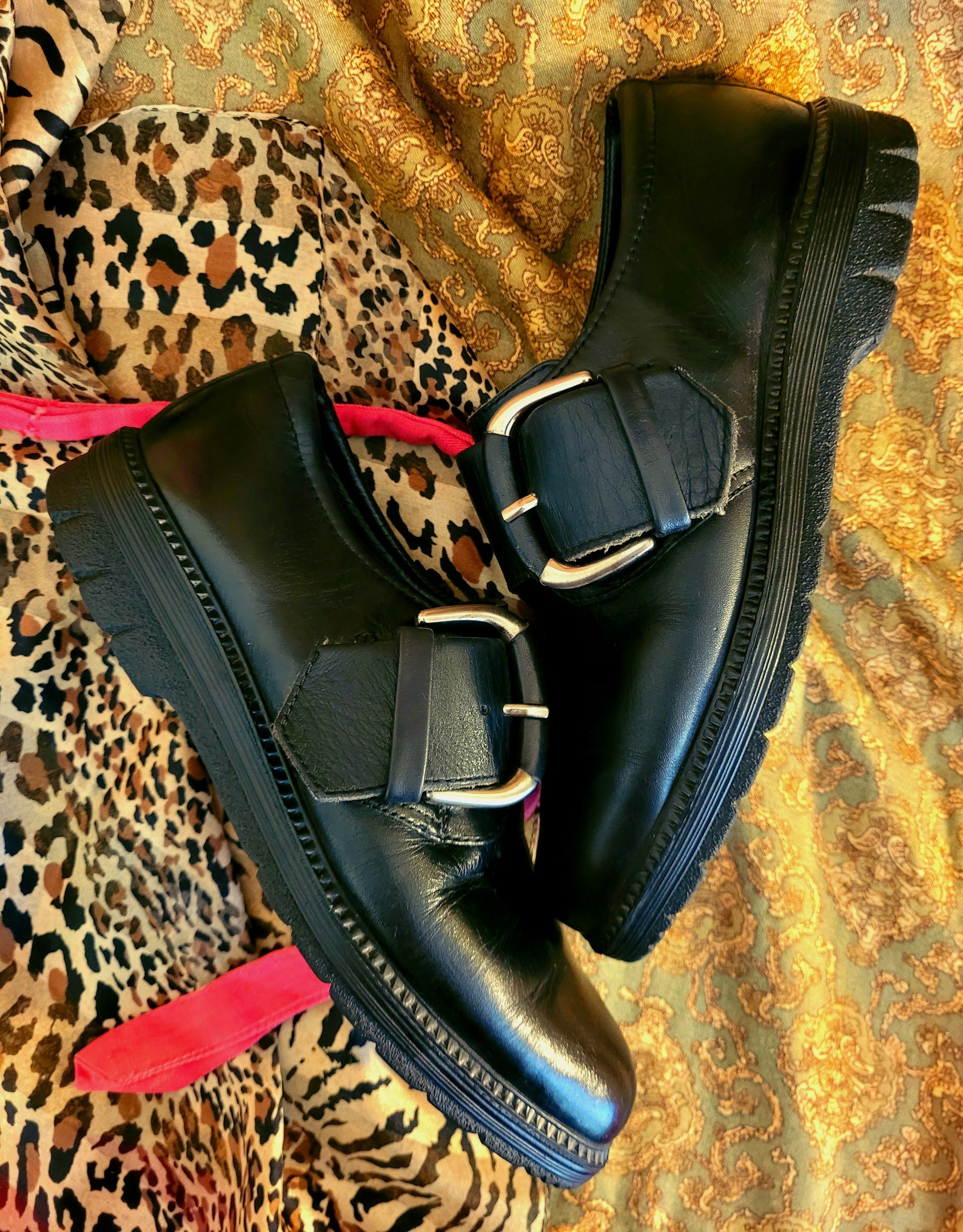 Vintage 90s Chunky Black Leather Buckle Loafers Goth Grunge Square Toe ...