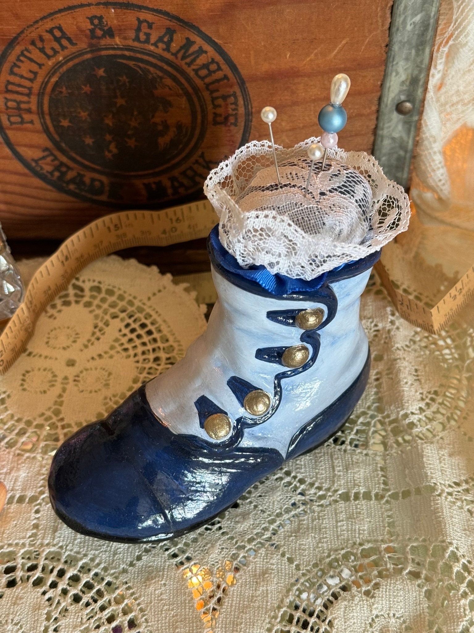 Blue Victorian Boot Ceramic Pincushion - Etsy