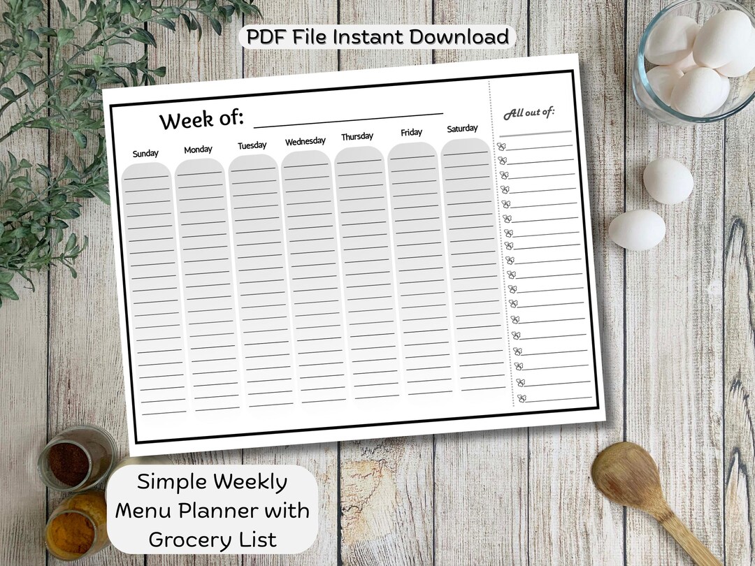 Weekly Meal Planner With Grocery List Printable, Minimalist, 7 Day Menu ...