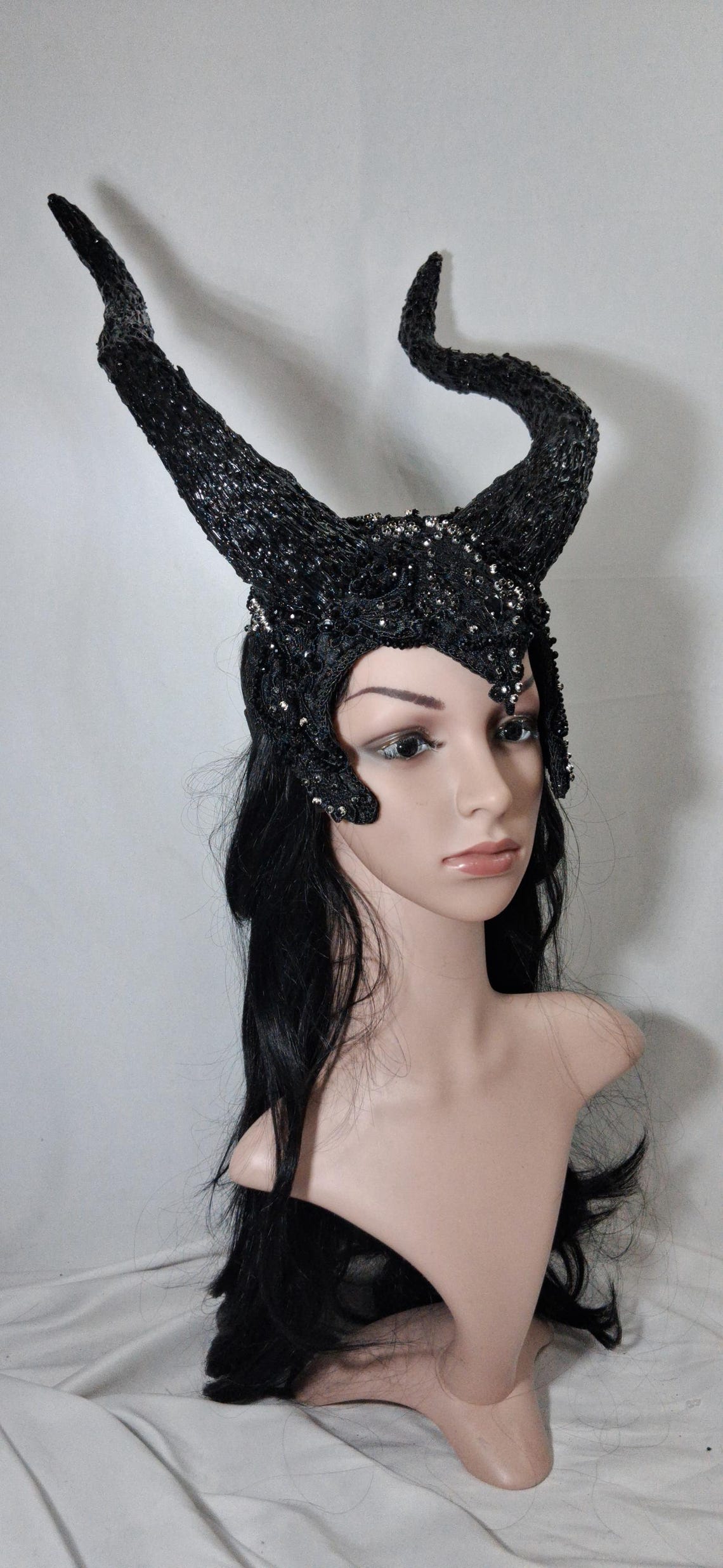 Maleficent Dragon Horns Hand Beaded Lace Gothic Halloween Drag Queen ...