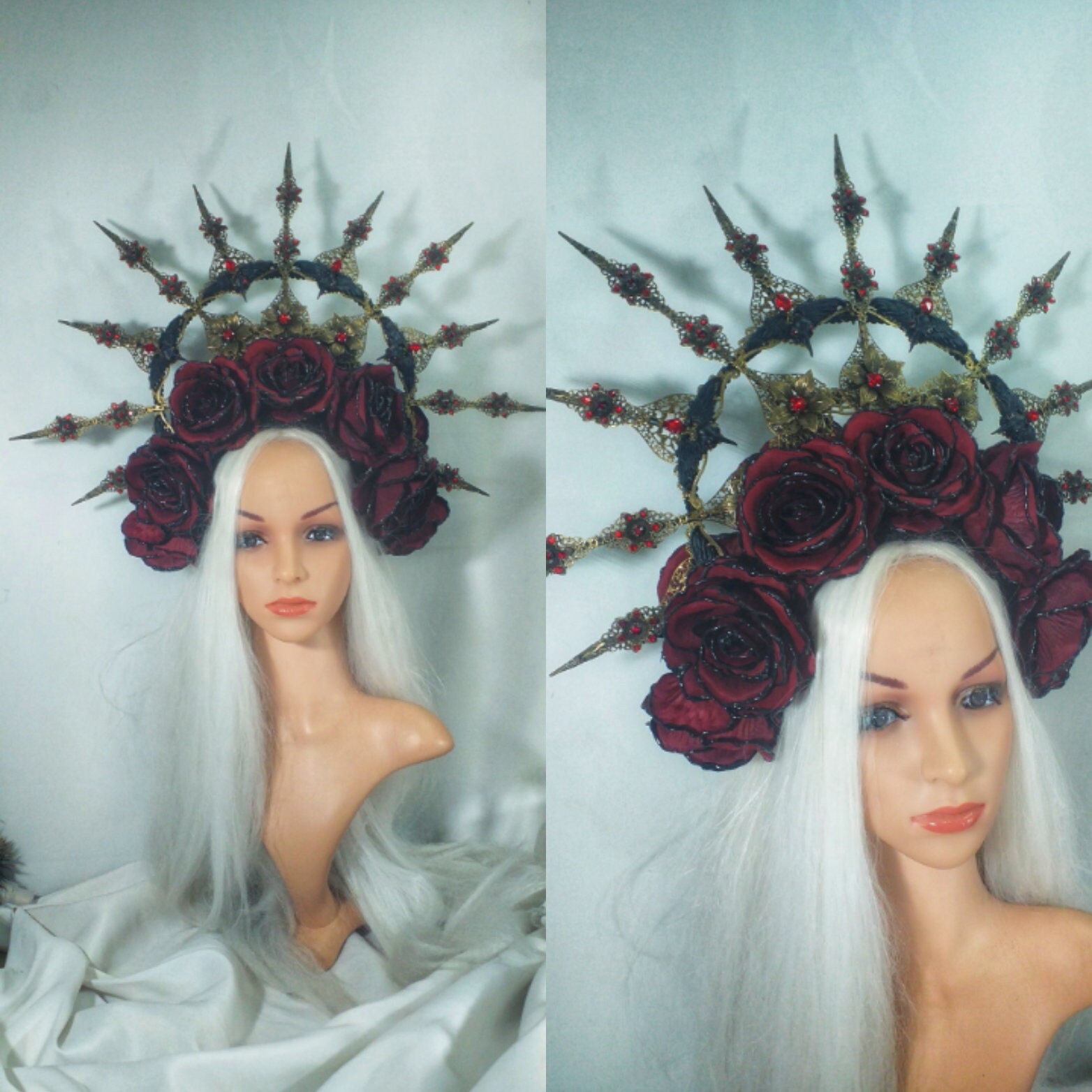 Gothic Goth Crow Raven Red Roses Saint Wedding Halo Headdress Headpiece ...