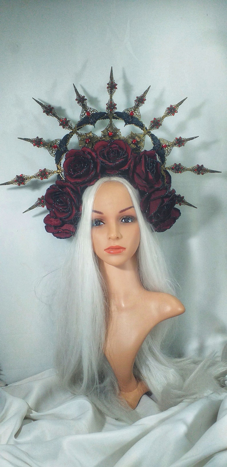 Gothic Goth Crow Raven Red Roses Saint Wedding Halo Headdress Headpiece ...