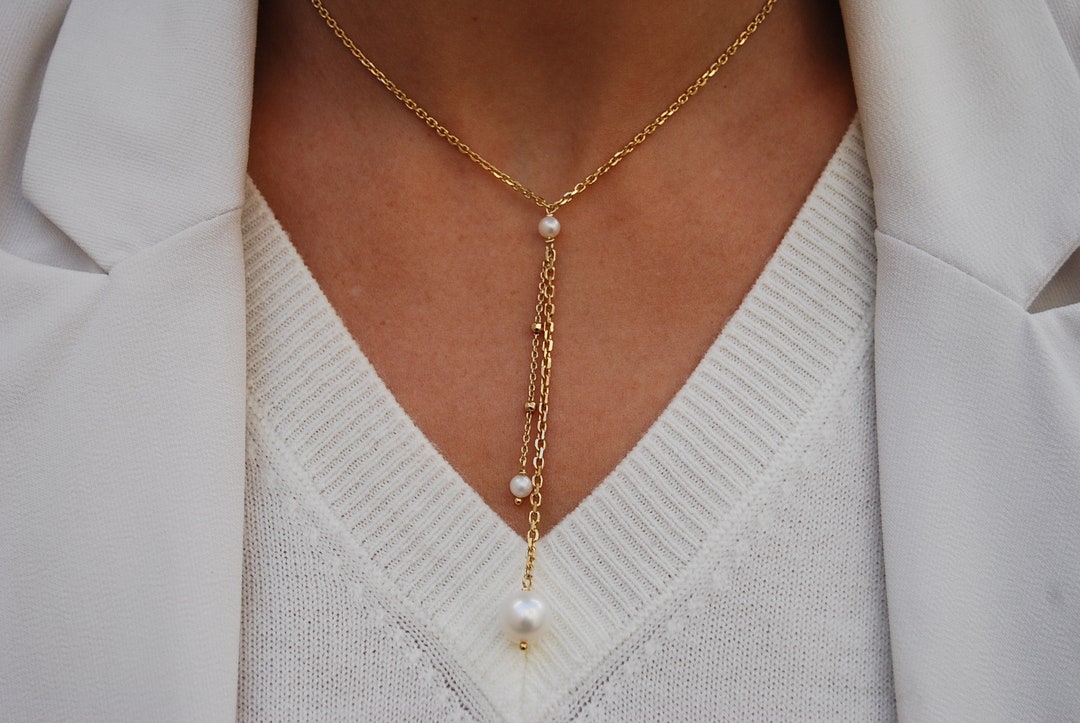 Pearls Necklace, Long Layered Necklace, Silver 925 Necklace, Dainty Y ...