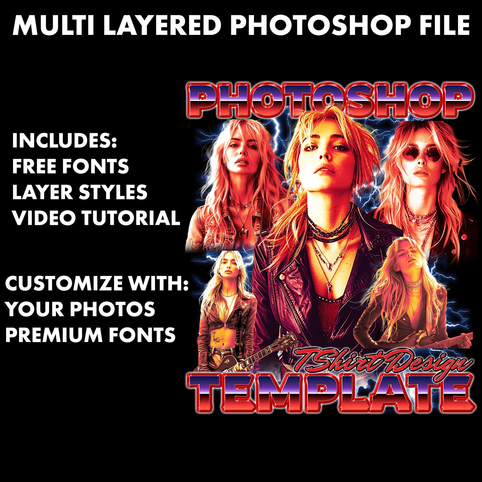 Lightning Rocker Bootleg Photo Tshirt Template Editable in Photoshop ...