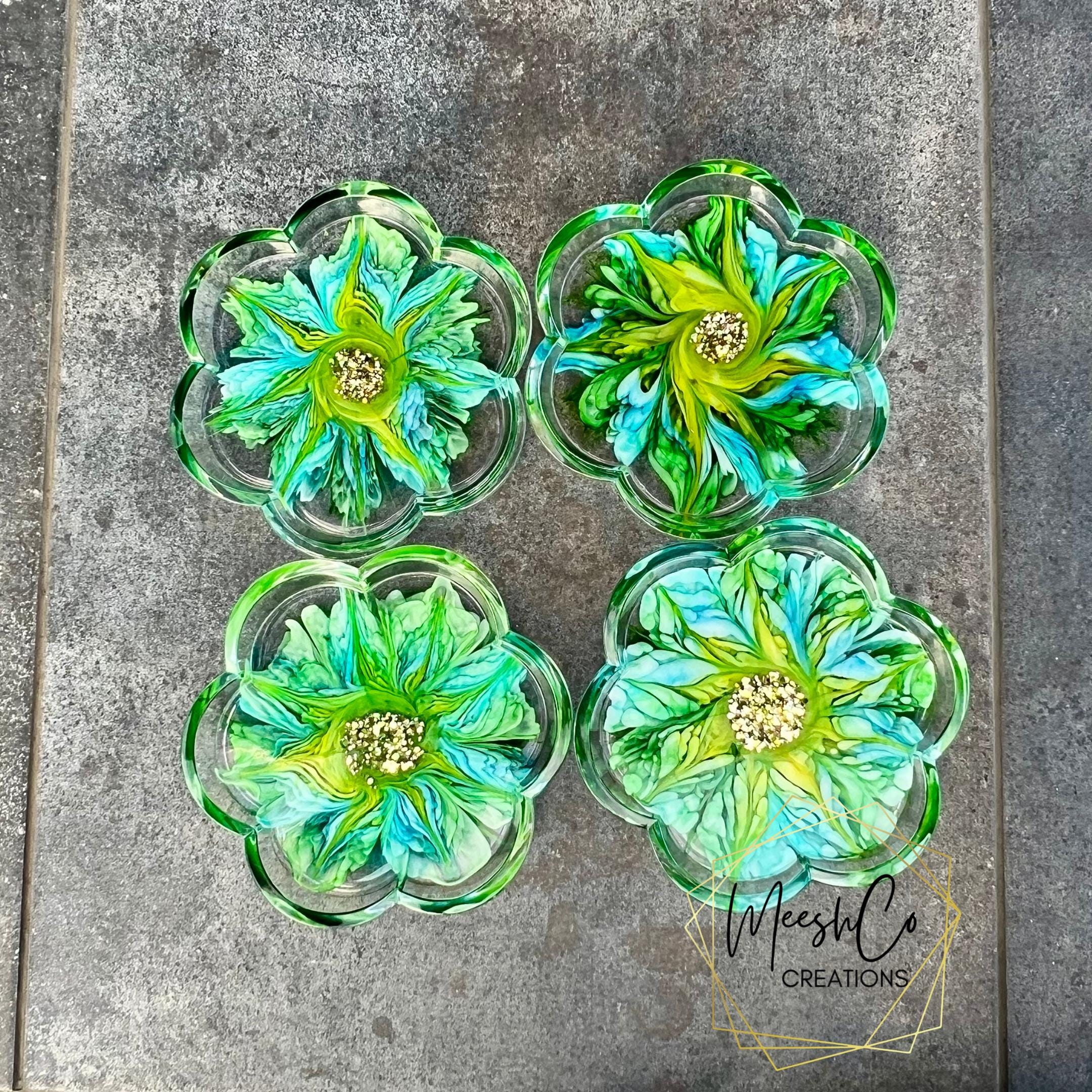 Set of Four (4) Green & Blue Flower Bloom Coasters - Etsy