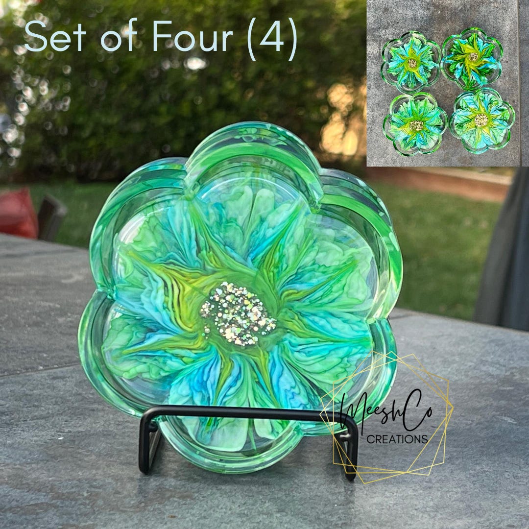 Set of Four (4) Green & Blue Flower Bloom Coasters - Etsy
